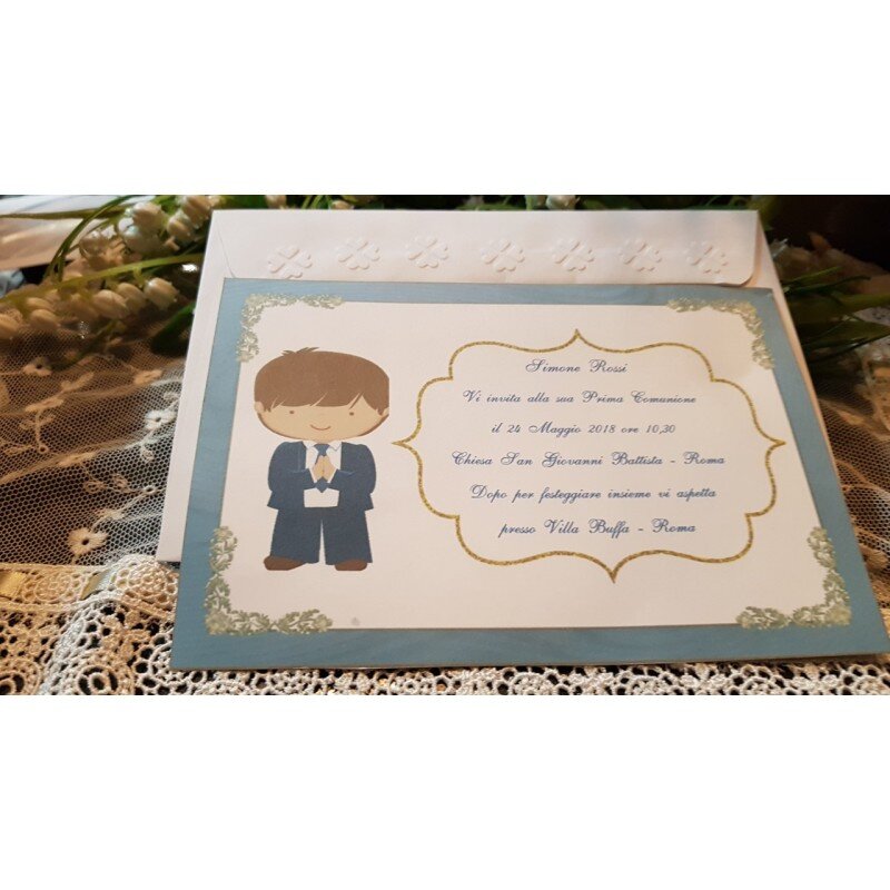 Invito Prima Comunione Bimbo Cornice Blu e Dorata - Bomboniera Chic