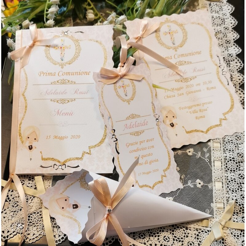Menù Personalizzato Comunione Bimba Rosa cipria - Bomboniera Chic