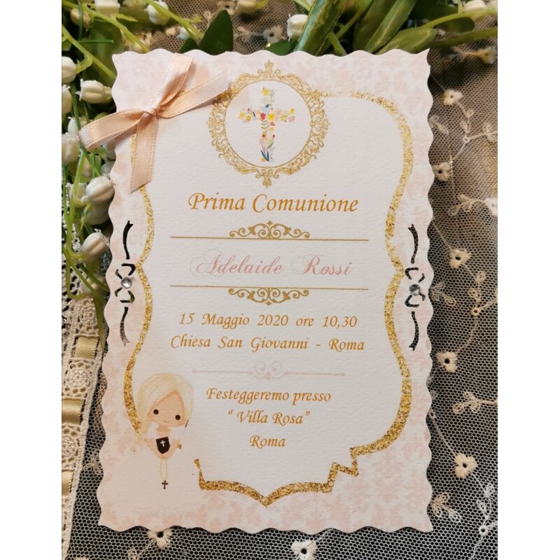Menù Personalizzato Comunione Bimba Rosa cipria - Bomboniera Chic