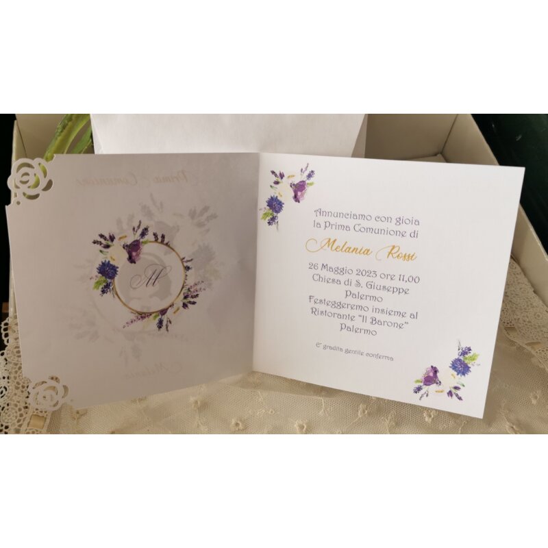 INVITO PRIMA COMUNIONE fiori glicine - Bomboniera Chic