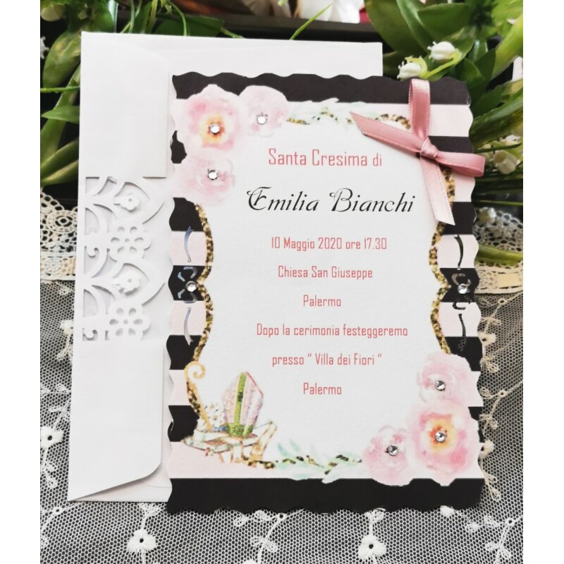 Invito Santa Cresima rosa con fiori - Bomboniera Chic