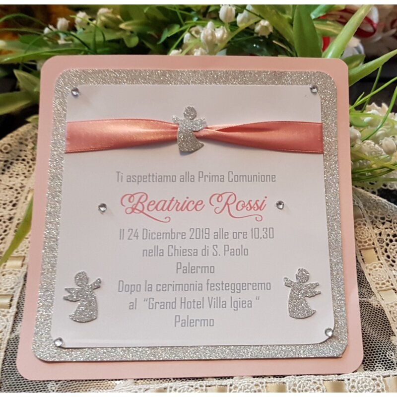 INVITO PRIMA COMUNIONE ANGELO GLITTER E ROSA - Bomboniera Chic